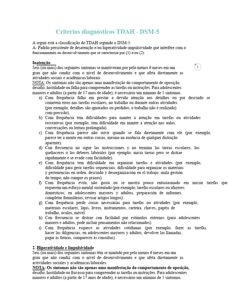 Diagnóstico de TDAH segundo DSM-5 | PDF | Transtorno de déficit de ...