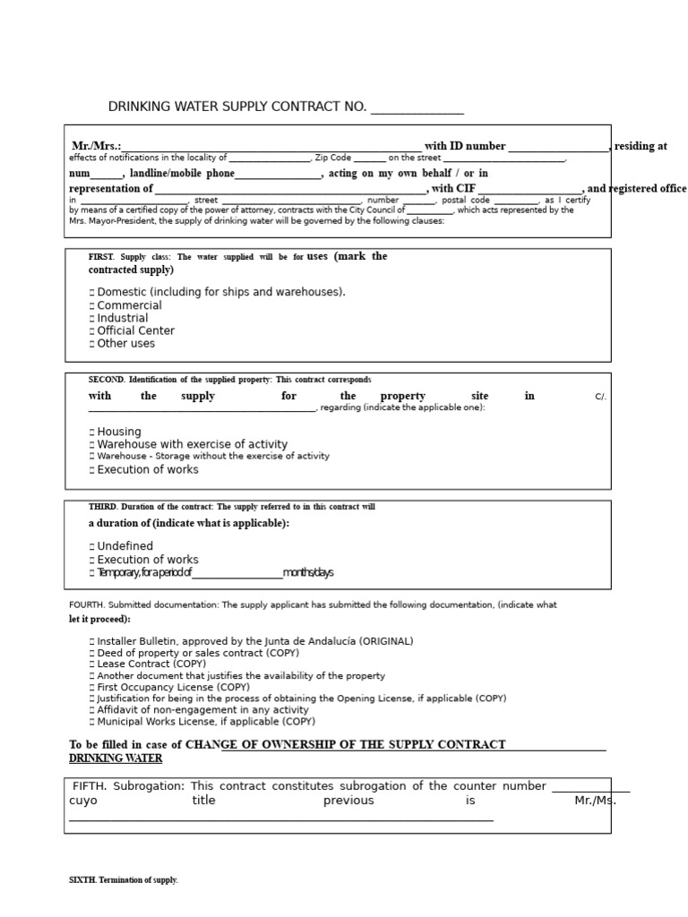 Drinking Water Supply Contract Template | PDF | Government | Private Law