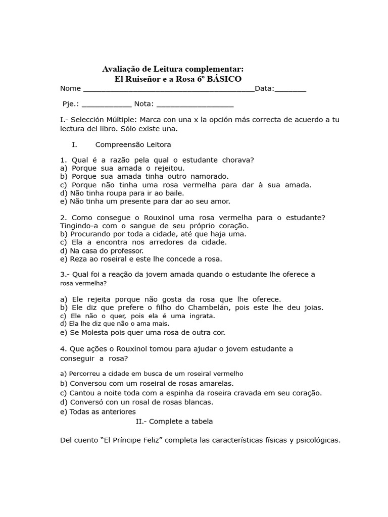 Teste O Rouxinol e a Rosa e Outros Contos | PDF