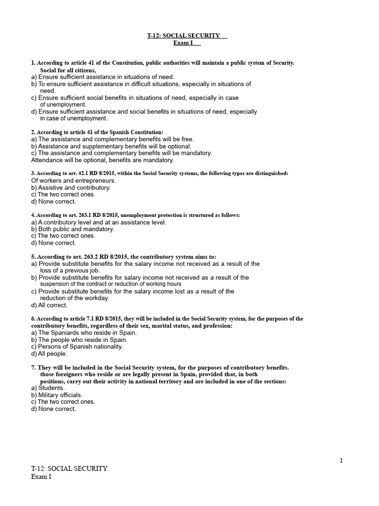 Exam I T-12 SOCIAL SECURITY ADMINISTRATIVE ASSISTANT | PDF | Social ...
