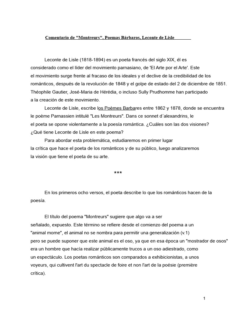 Comentario de "Monstradores", Poemas Bárbaros, Leconte de Lisle | PDF ...