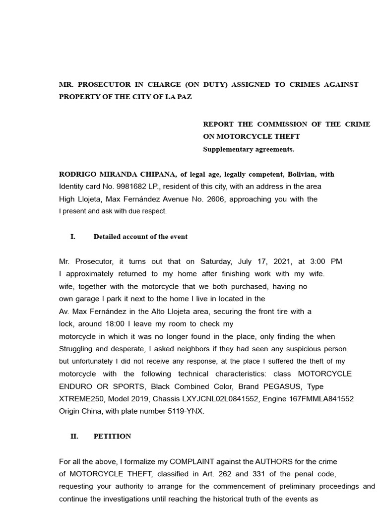 Motorcycle Theft Report | PDF | Common Law | Criminal Justice