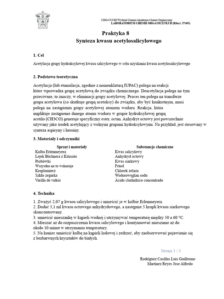 Synteza Kwasu Acetylosalicylowego | PDF