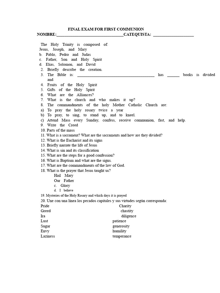 Final Exam For First Communion | PDF