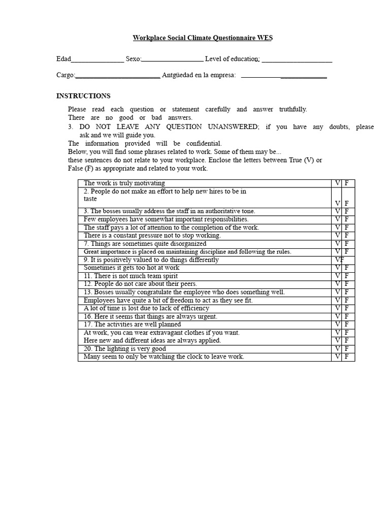 Work Environment Social Climate Questionnaire WES | PDF | Social Psychology