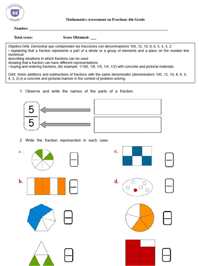 Mathematics Assessment on Fractions 4th Grade | PDF