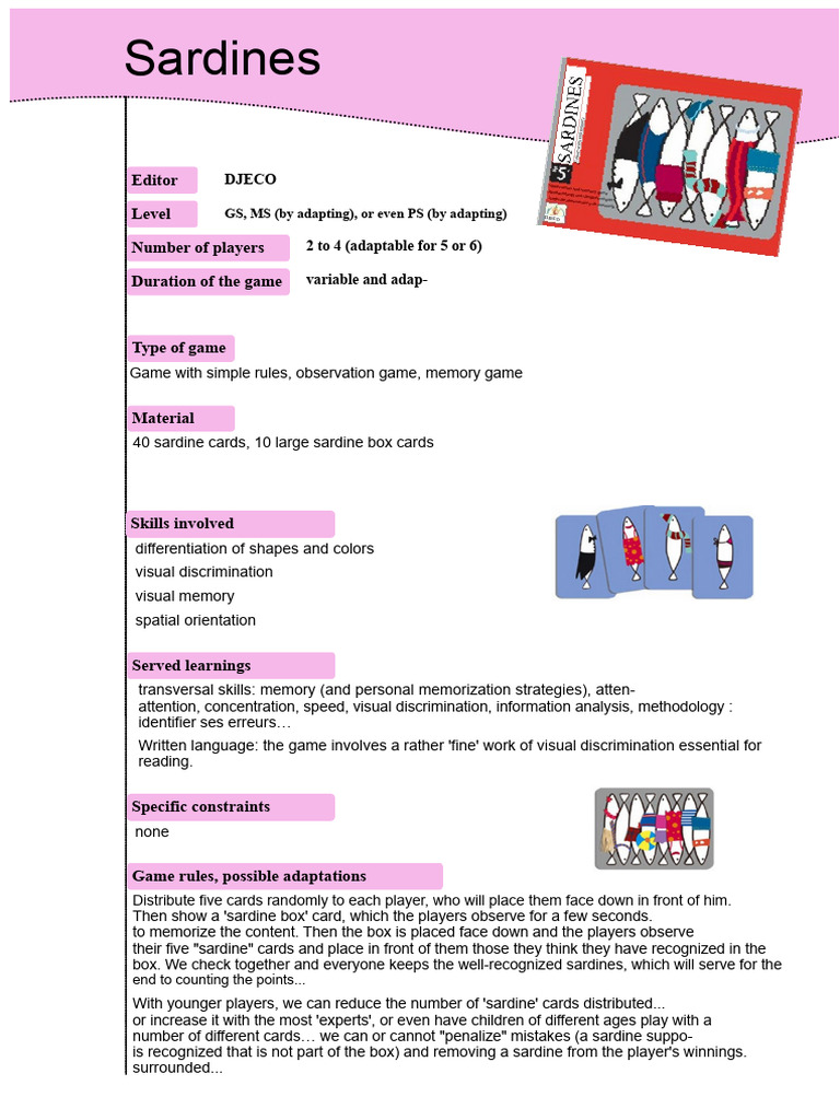 Sardines Game: Memory & Observation Skills | PDF