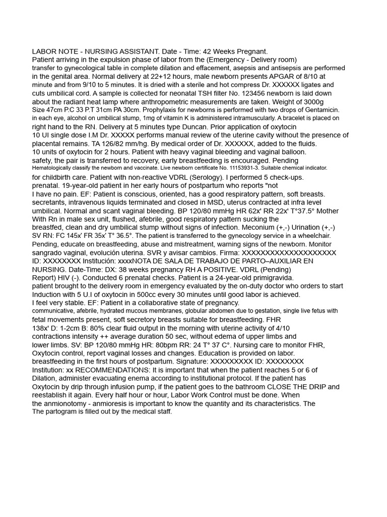 Nursing Note of Labor | PDF | Childbirth | Breastfeeding