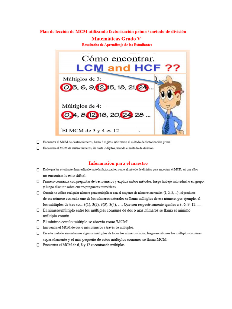 Plan de Lección de MCM Usando El Método de Factorización Prima PDF ...