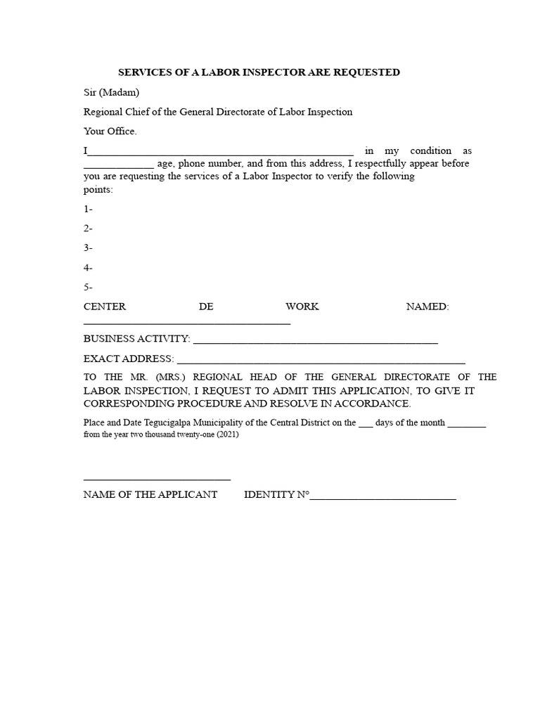 Request for Labor Inspector | PDF