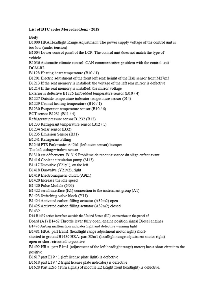 List of DTC codes for Mercedes | PDF | Fuel Injection | Throttle