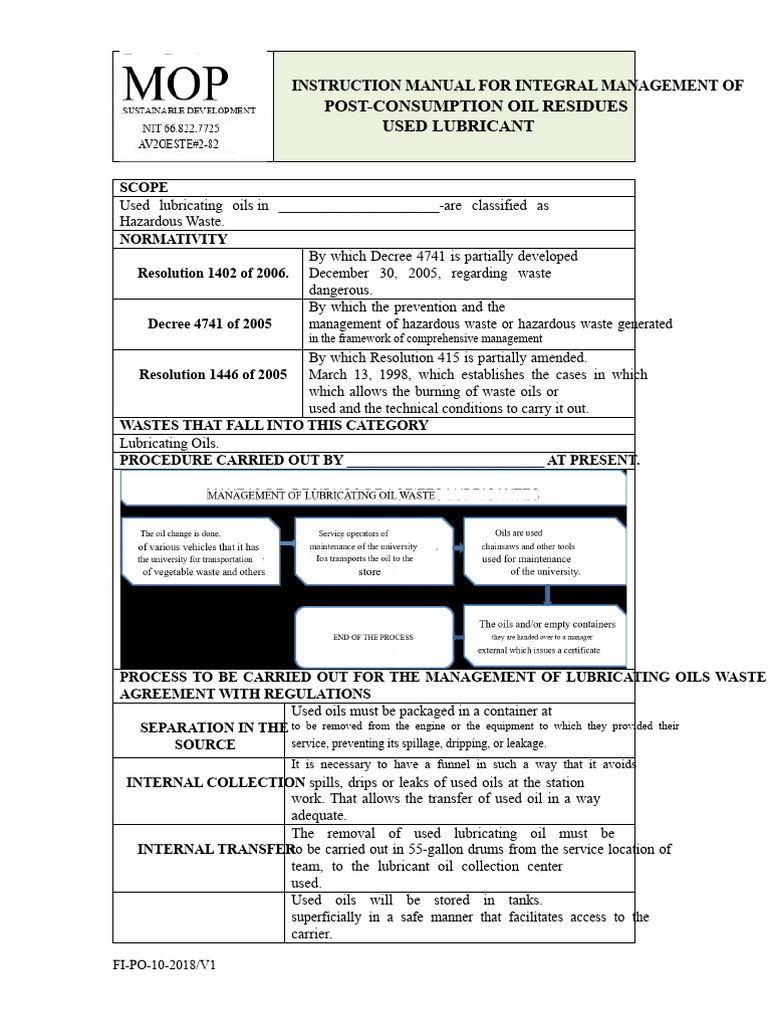 FI-PO-10-2018-FORMAT FOR USED OIL WASTE | PDF | Waste | Lubricant
