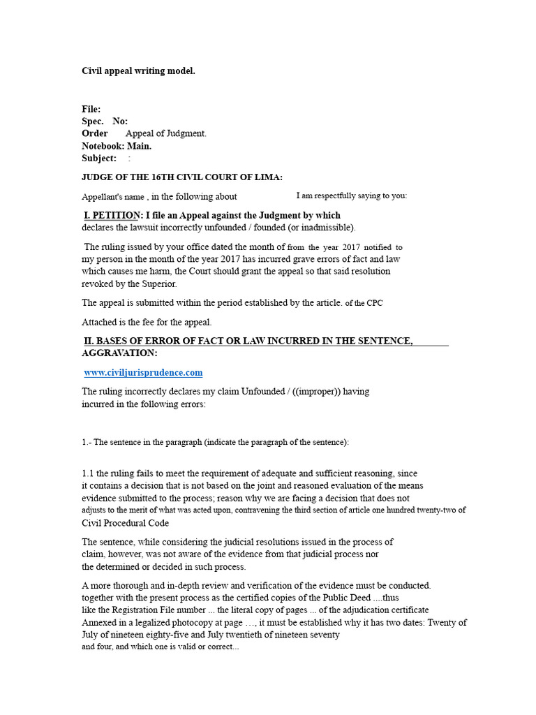 Model of Civil Appeal Writing | PDF | Appeal | Judgment (Law)