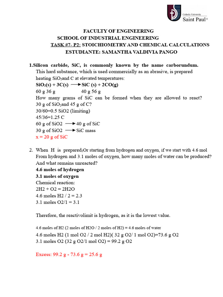 TASK #7-P2 STOICHIOMETRY-Solved | PDF | Stoichiometry | Mole (Unit)