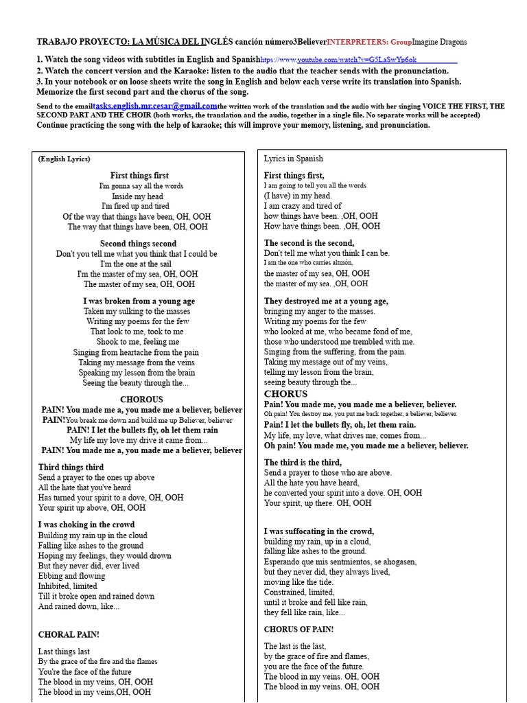 Written Workshop VIRTUAL SONG 3 BELIEVER PRACTICE THE MUSIC OF ENGLISH ...