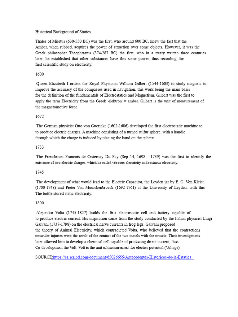 Historical Background of Statics | PDF | Force | Electricity
