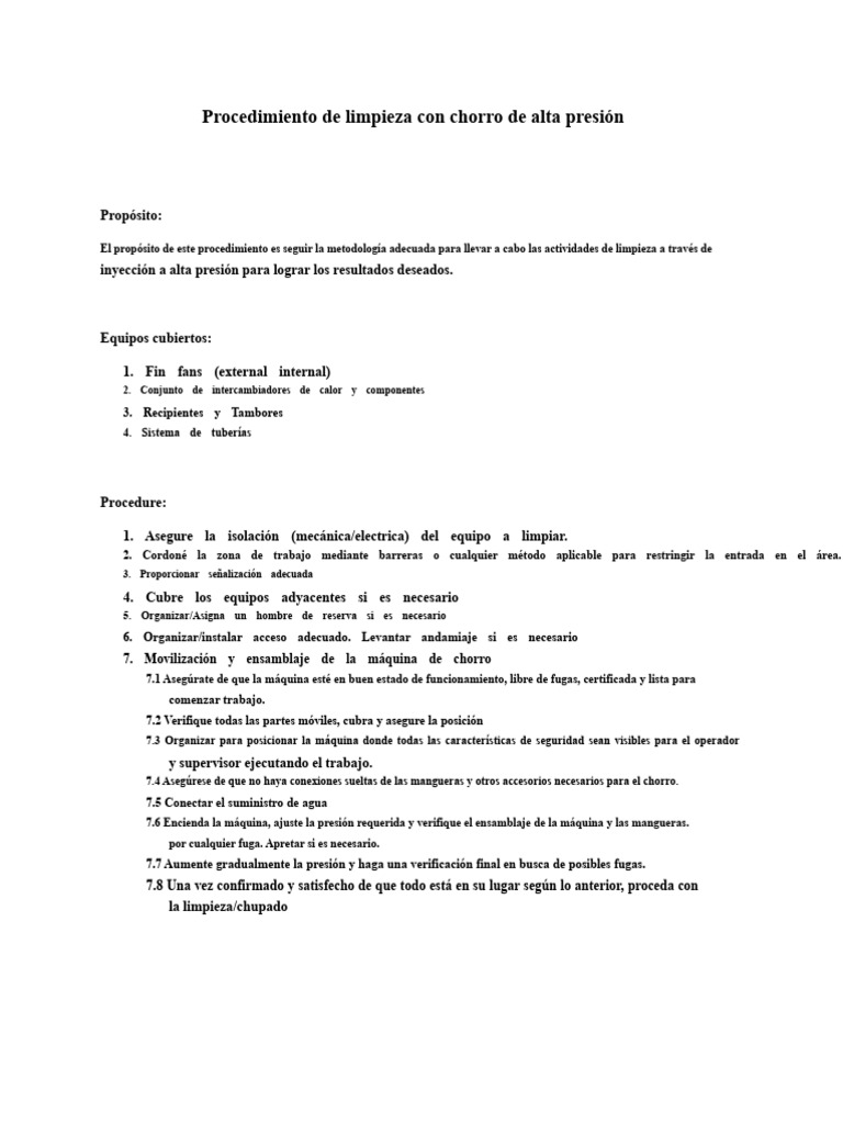 Procedimiento de Limpieza A Chorro de Alta Presión | PDF