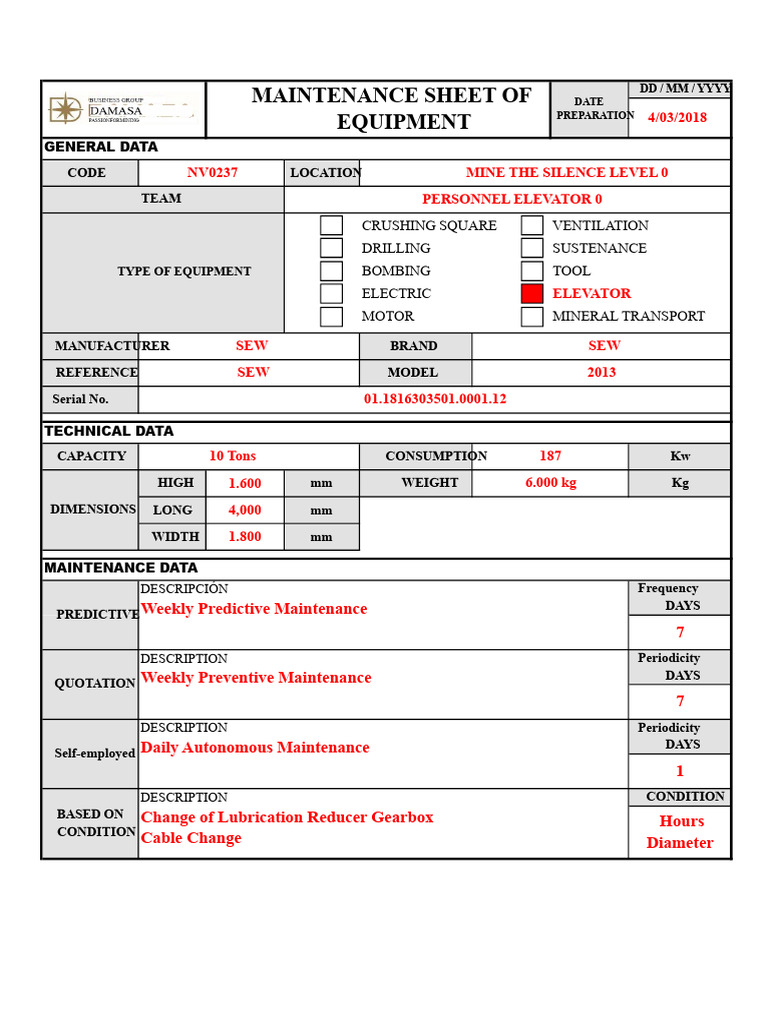 FM-Maintenance Sheet.pdf | PDF | Elevator