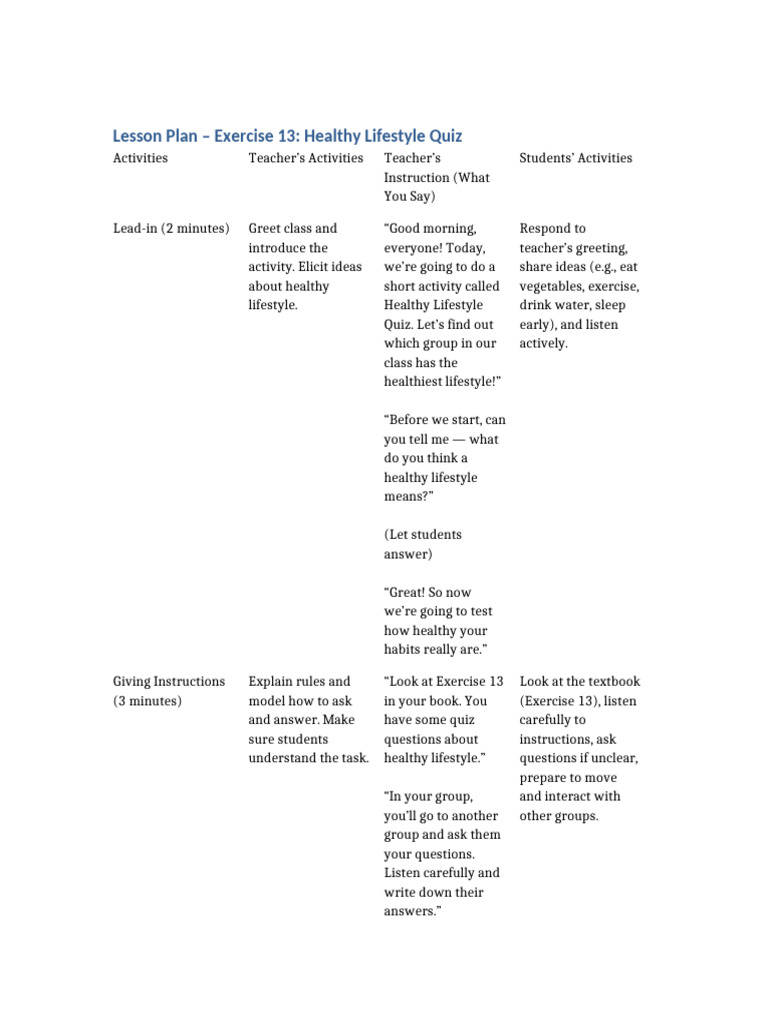 Healthy Lifestyle Quiz Lesson Plan | PDF