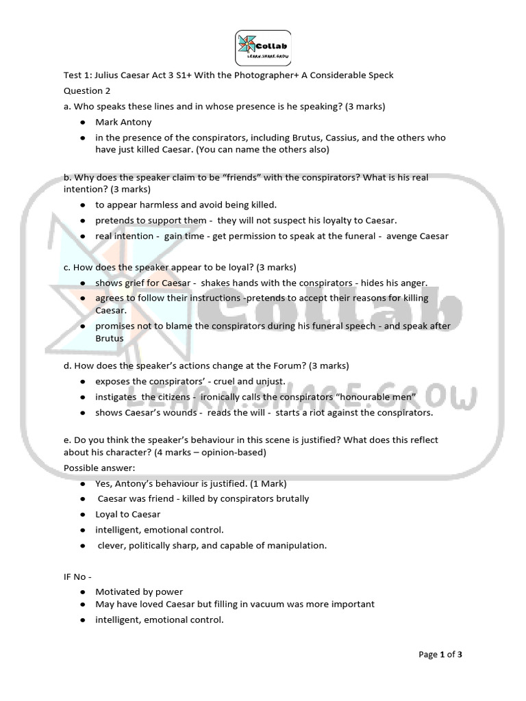 Test 1 Answers-1 | PDF | Julius Caesar | Mark Antony