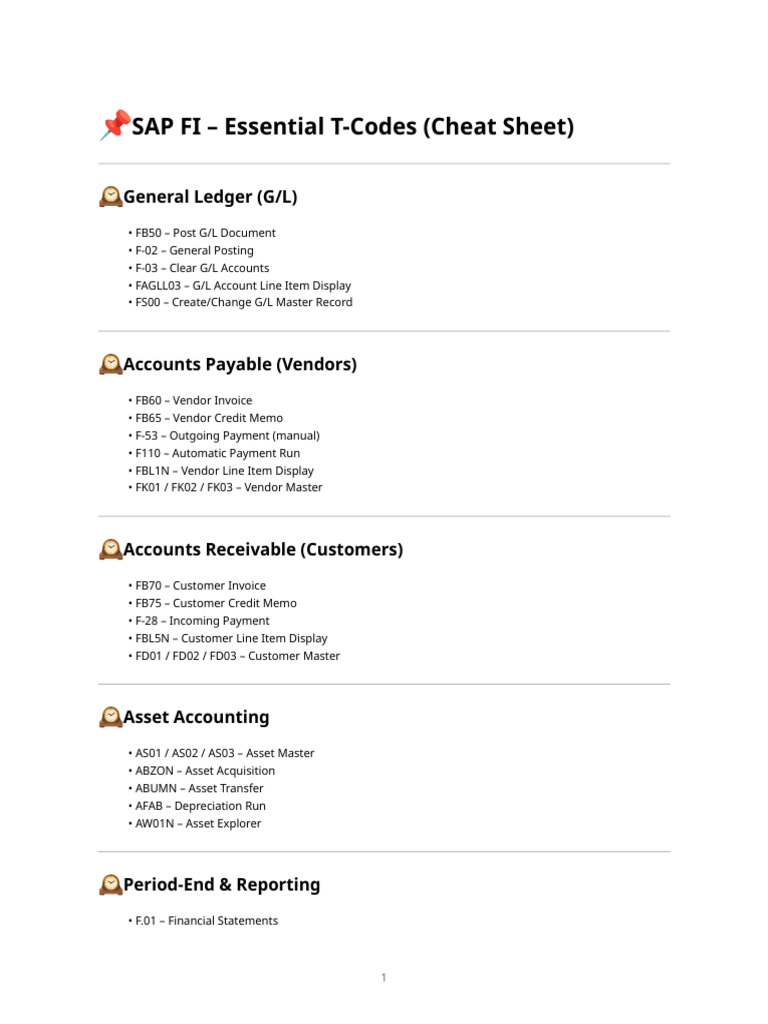 Sap Fi Tcodes Cheatsheet | PDF