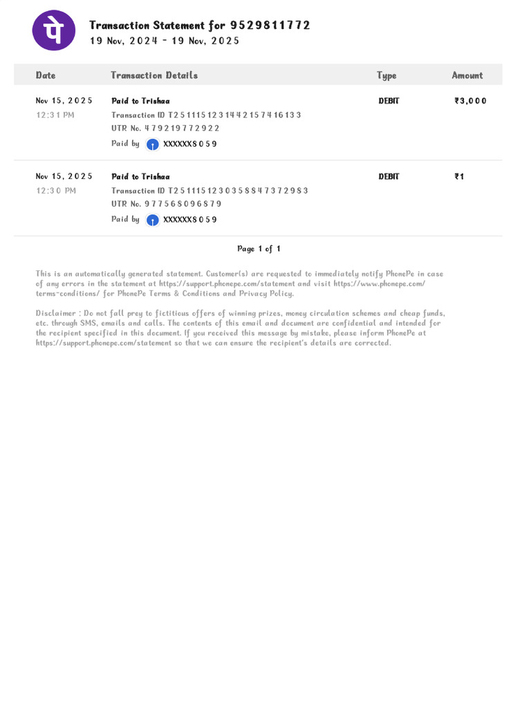 Transaction Statement for 9529811772 | PDF