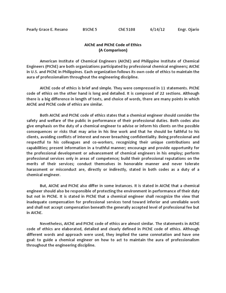 AIChE vs. PIChE Code of Ethics Comparison | PDF | Engineer | Chemical ...