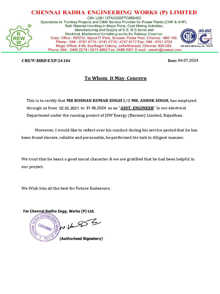 Crew Exp Letter (1) - Removed | PDF