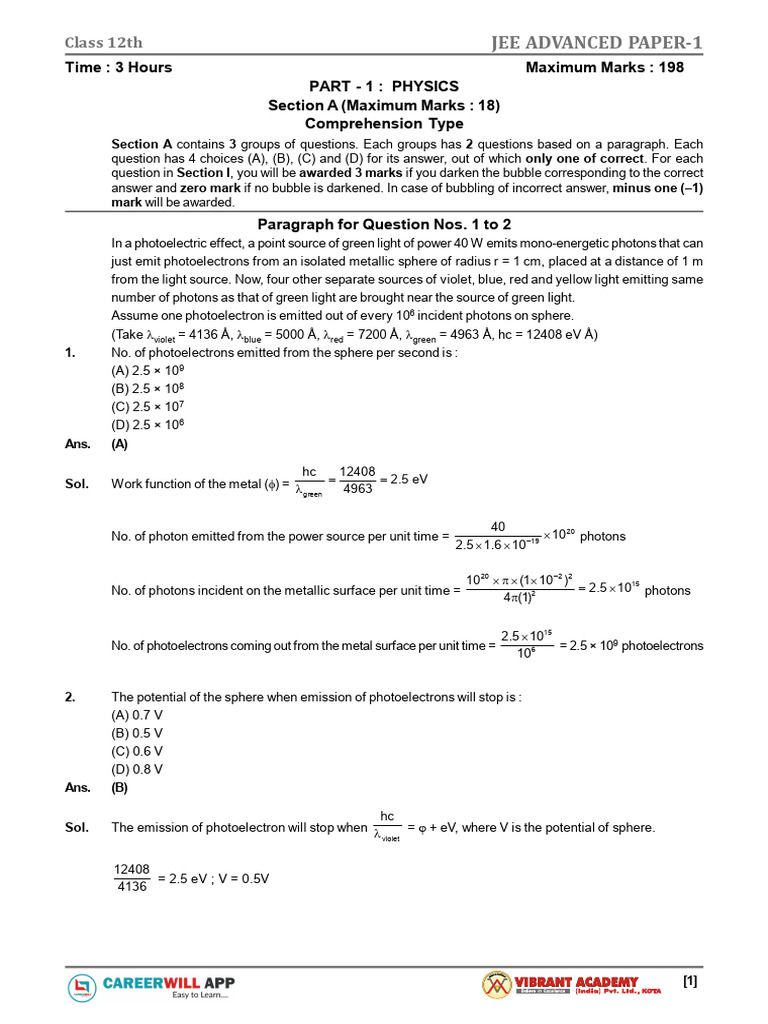 JEE Advanced Physics Paper 1 Solutions | PDF | Photoelectric Effect ...