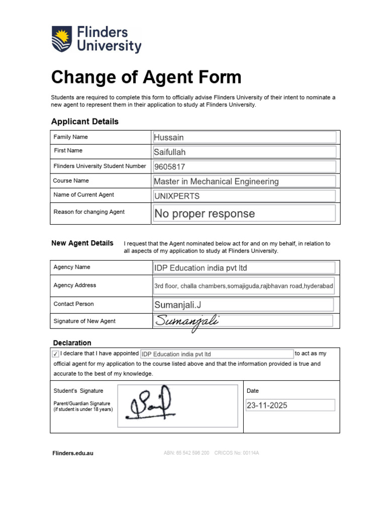 Change of Agent Form- Flinders | PDF