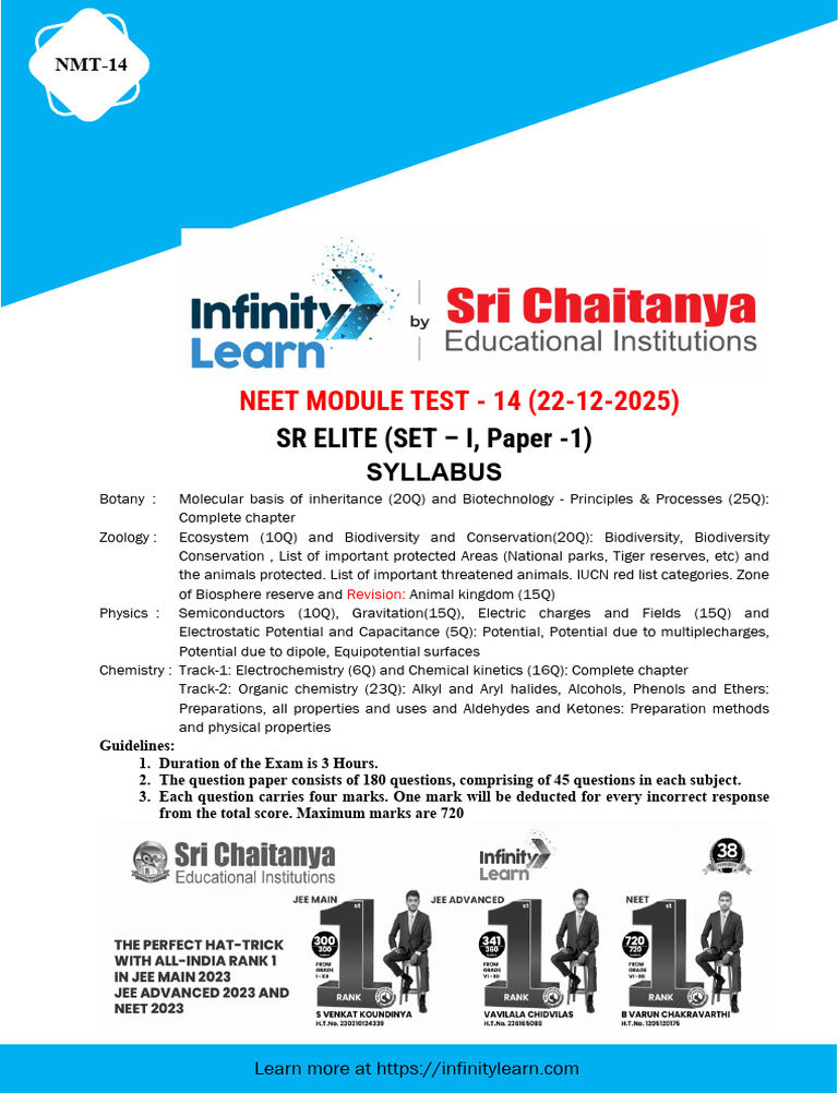 Sr Elite (Set - i, Paper-1) Neet Module Test - 14 Paper (22!12!2025 ...
