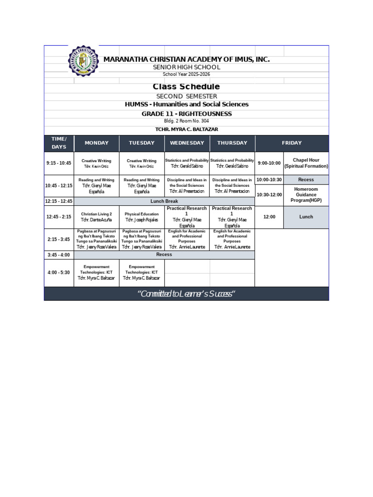 Maranatha Academy Grade 11 Class Schedule | PDF | Learning