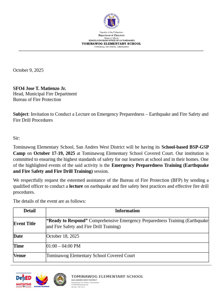 letter-bfp (1) | PDF | Fire Safety | Emergency Management
