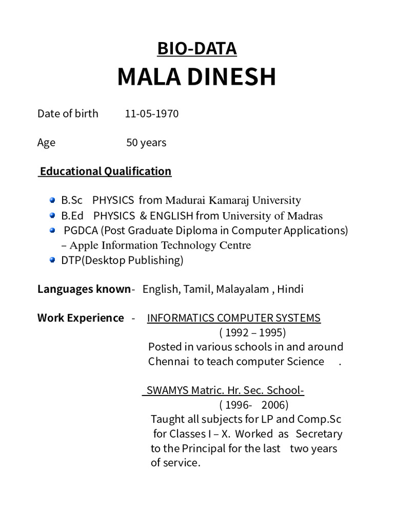 Mala Dinesh Resume | PDF