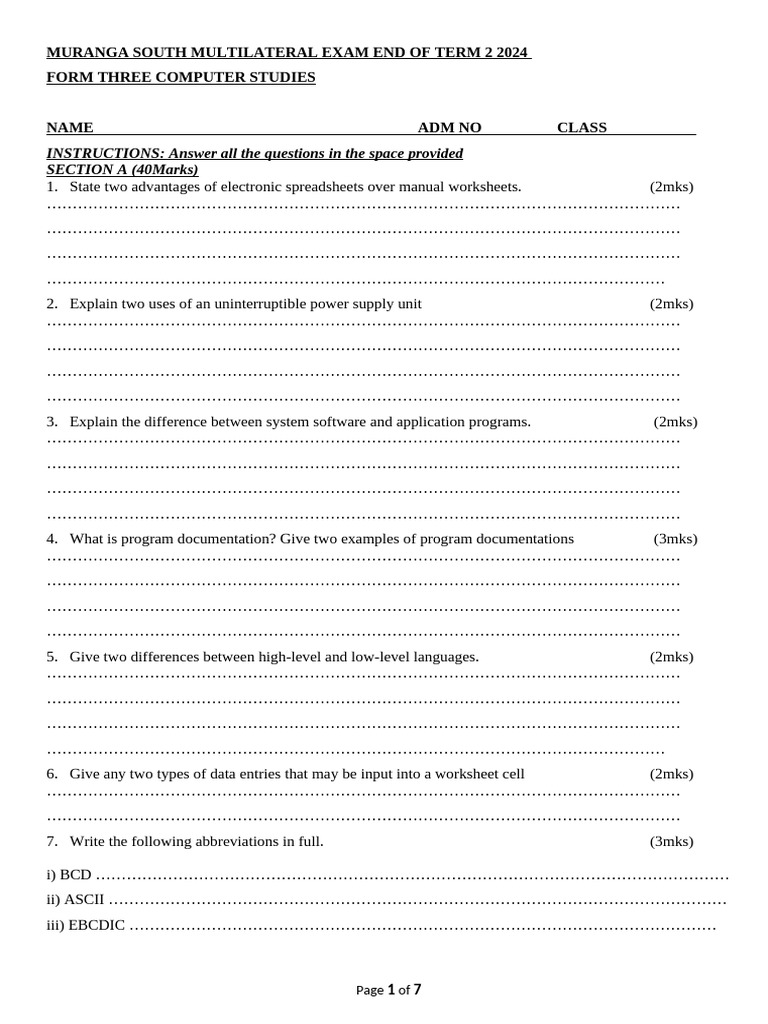 Computer Studies f3t2 2024 Qs | PDF | Computer Science | Computer ...