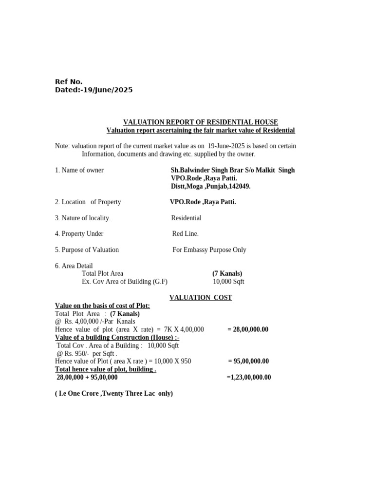 Valuation Report for Residential House | PDF