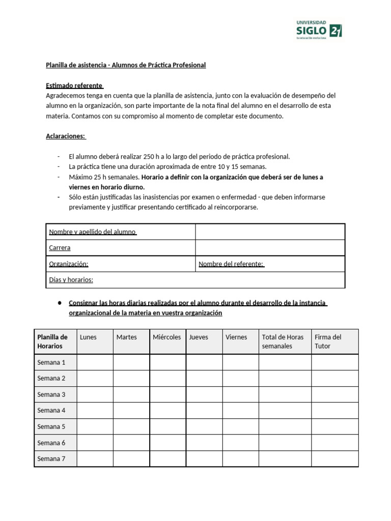 Planilla+de+Asistencia+ +Alumnos+de+Pr%C3%A1ctica+Profesional | PDF