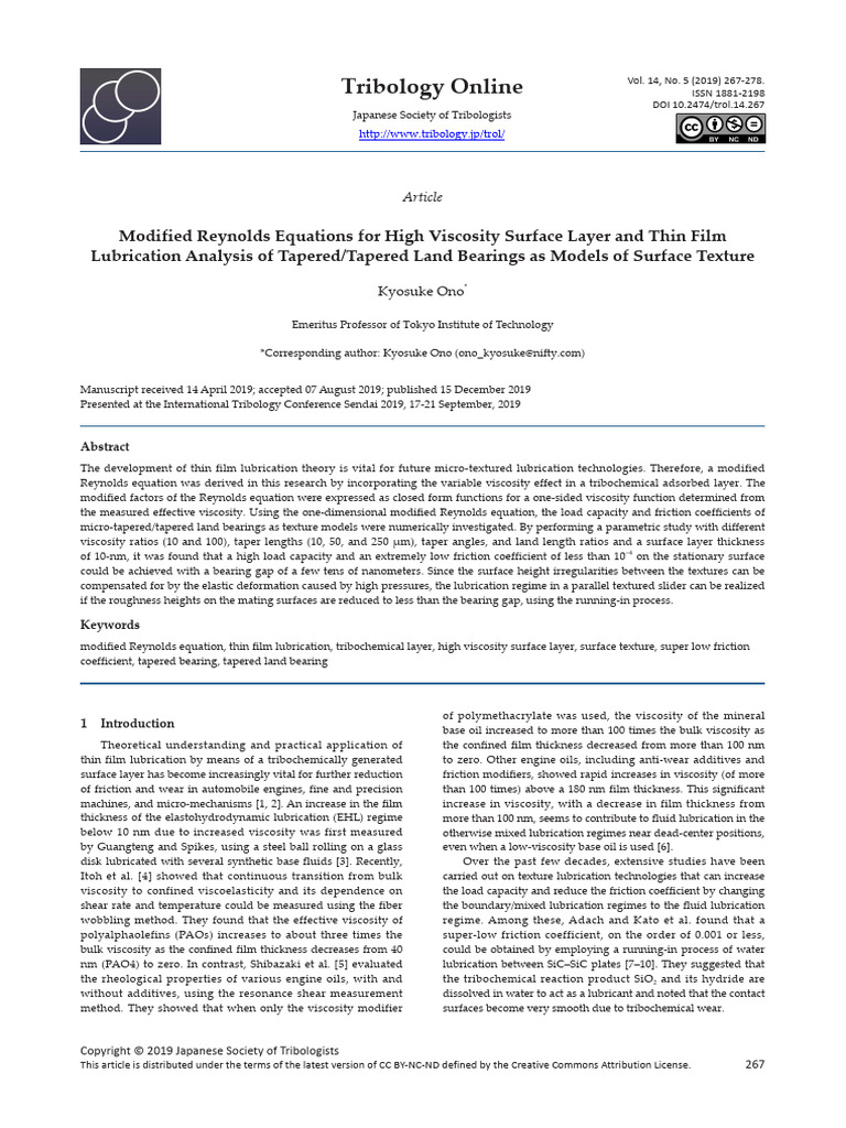 Modified Reynolds Equations for Lubrication | PDF | Viscosity | Friction