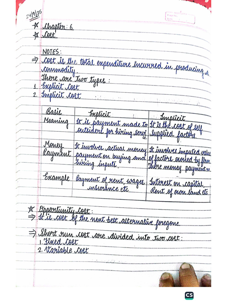 cost notes economics class 11 hand written | PDF