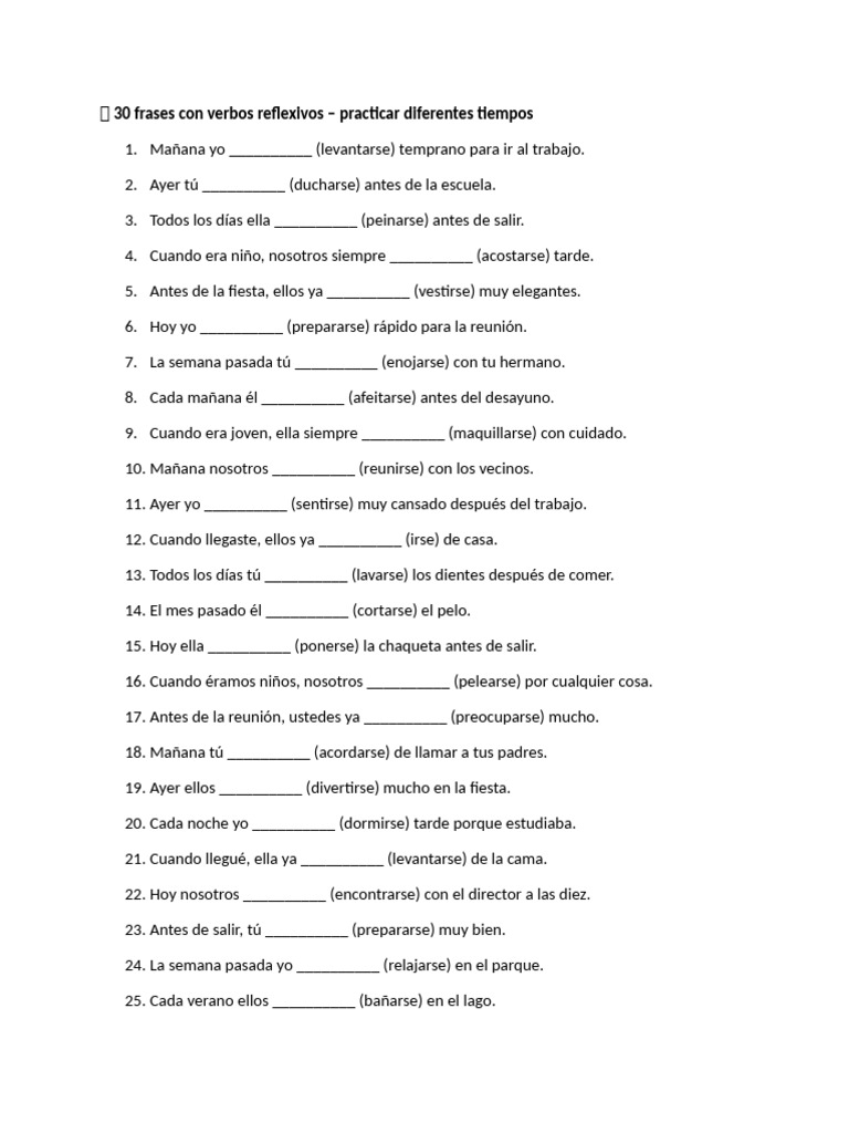 Frases con verbos reflexivos para practicar | PDF