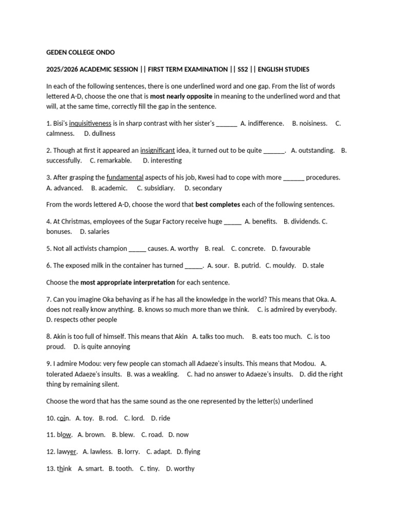 SS2 English Studies Exam 2025/2026 | PDF | Linguistics
