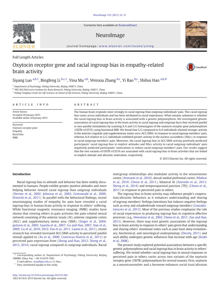 Oxytocin Gene and Racial Bias in Empathy | PDF | Empathy | Effect Size