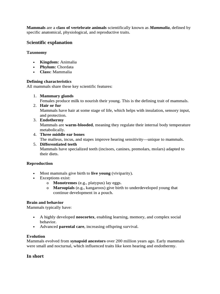 Mammals (Scientific Explanation) | PDF