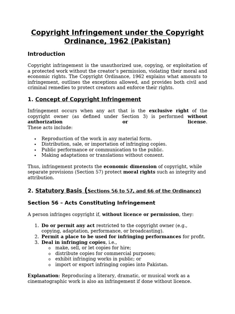 Copyright Infringement Under the Copyright Ordinance, 1962 | PDF ...