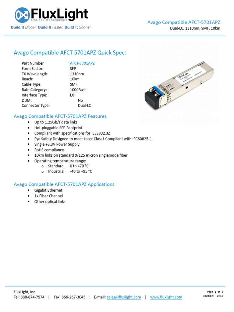 Avago AFCT-5701APZ Datasheet | PDF | Electricity | Physical Layer Protocols