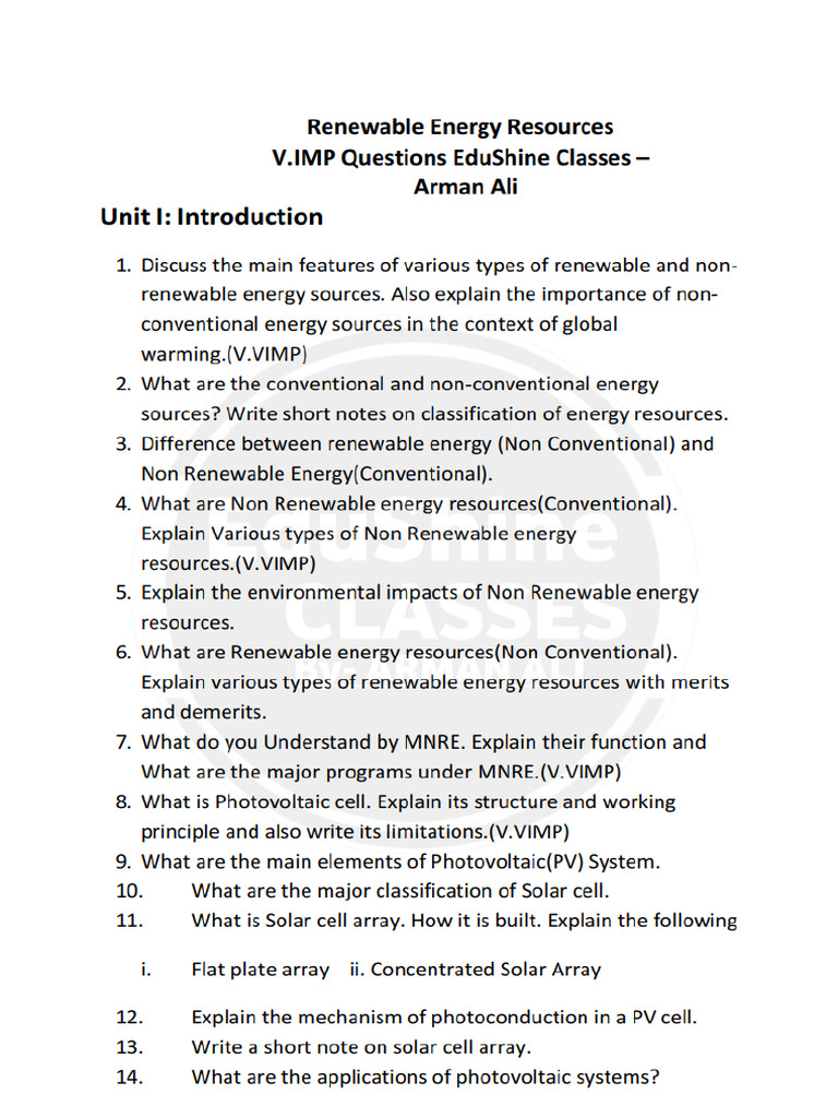 Renewable Energy Res. All Unit V.IMP Ques(EduShine Classes) | PDF