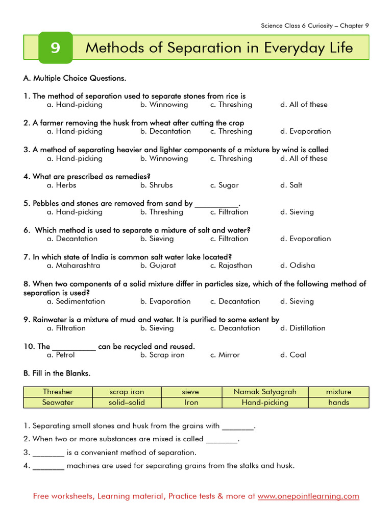 Methods of Separation in Science Class 6 | PDF | Filtration | Mixture