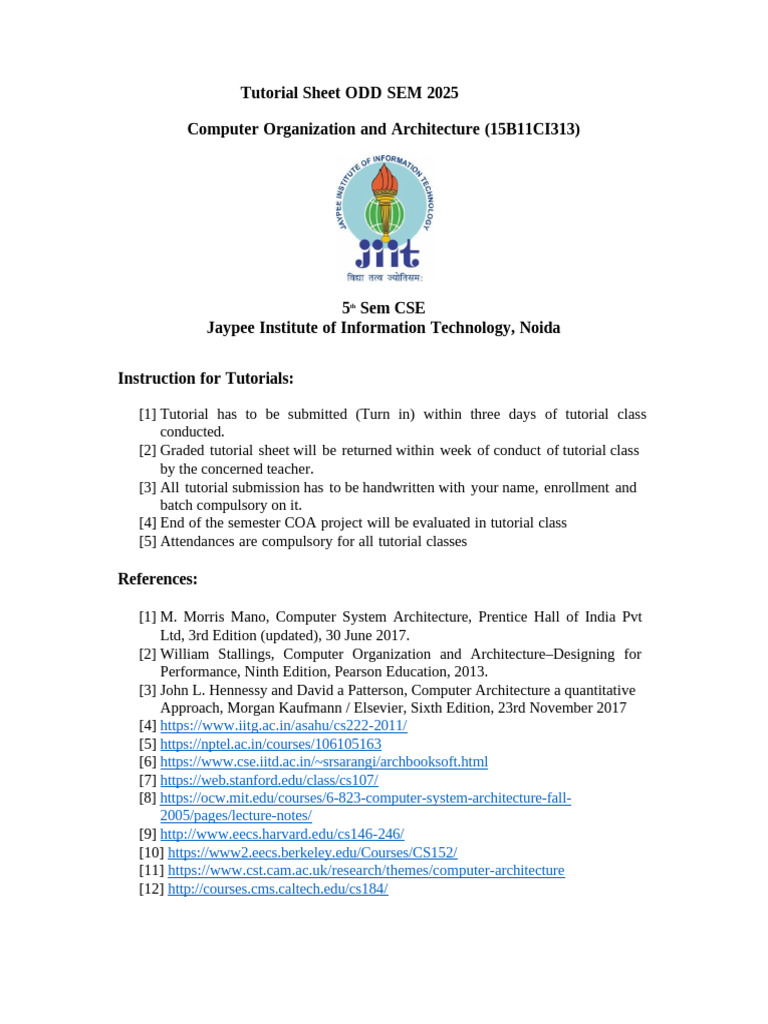 t11- Coa Tutorial Sheet Odd Sem 2025 | PDF | Cpu Cache | Cache (Computing)