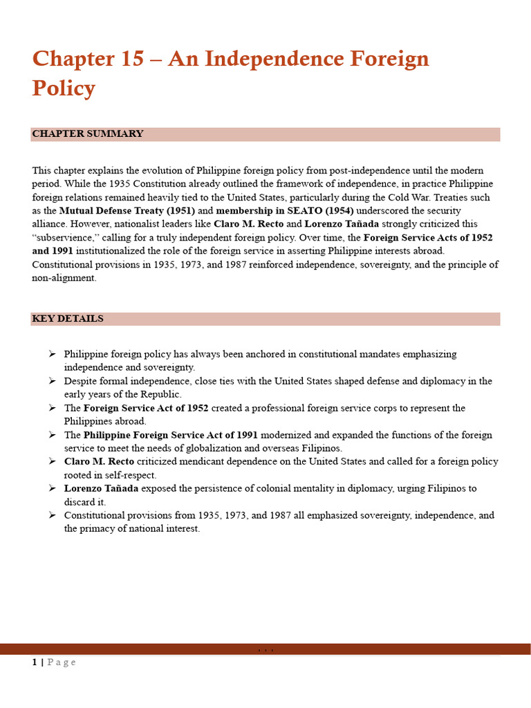 Chapter 15 - An Independence Foreign Policy | PDF | Philippines ...