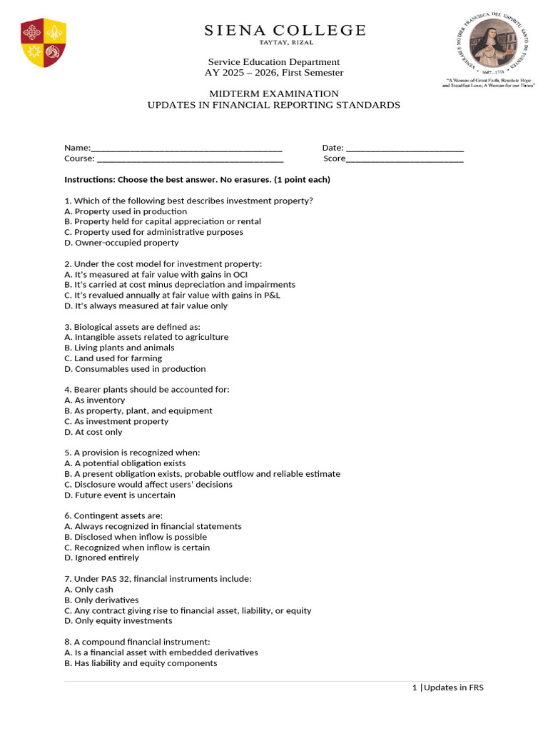 FRS_Midterm Exam | PDF | Historical Cost | Fair Value